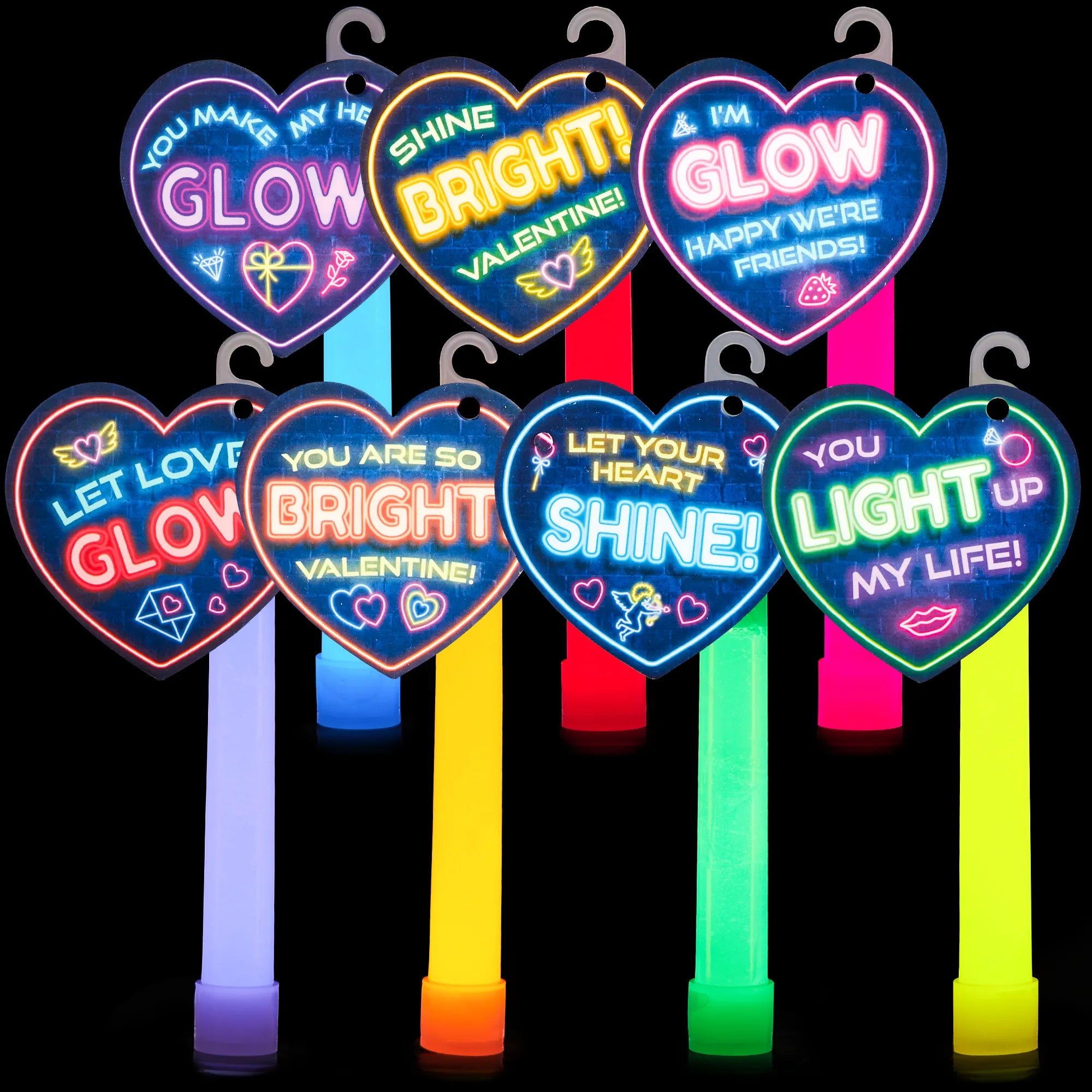 28Pcs Kids Valentines Day Cards with Ultra Bright Large Glow Sticks-Cl