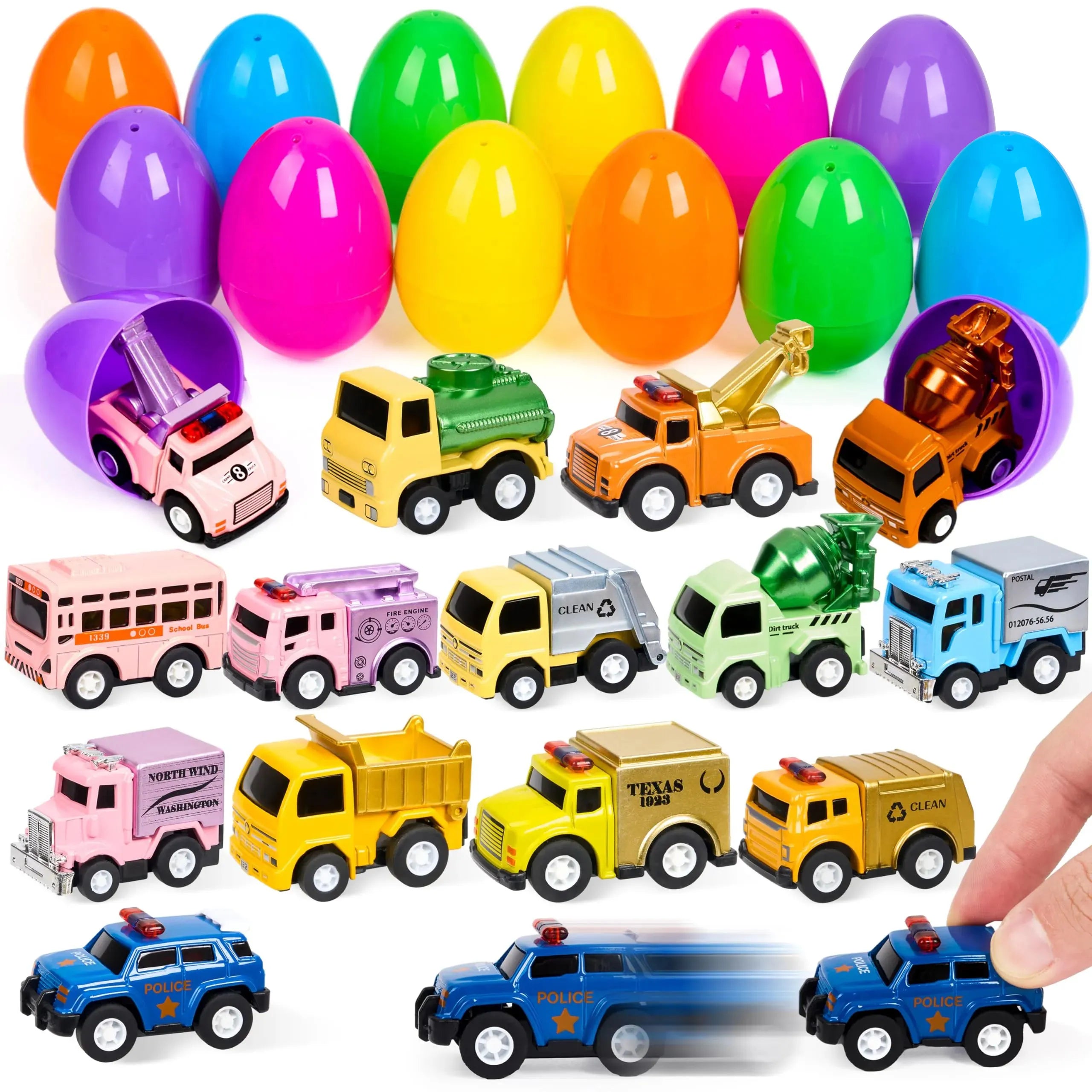 12Pcs 3.15in Prefilled Eggs with Die-Cast Pull Back Cars for Easter Eg