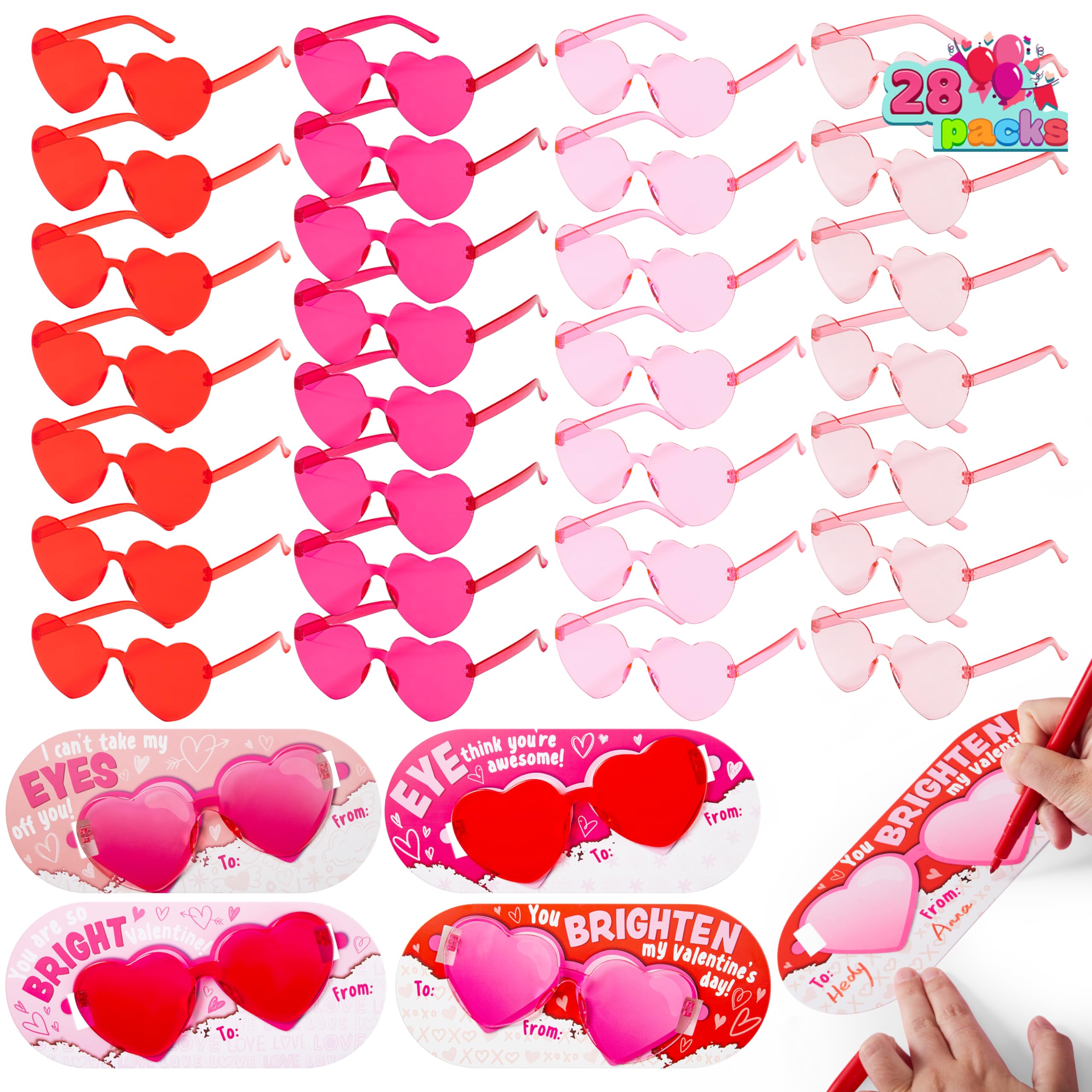 28 Packs Valentine’s Day Heart Shaped Sunglasses with Cards, Classroom