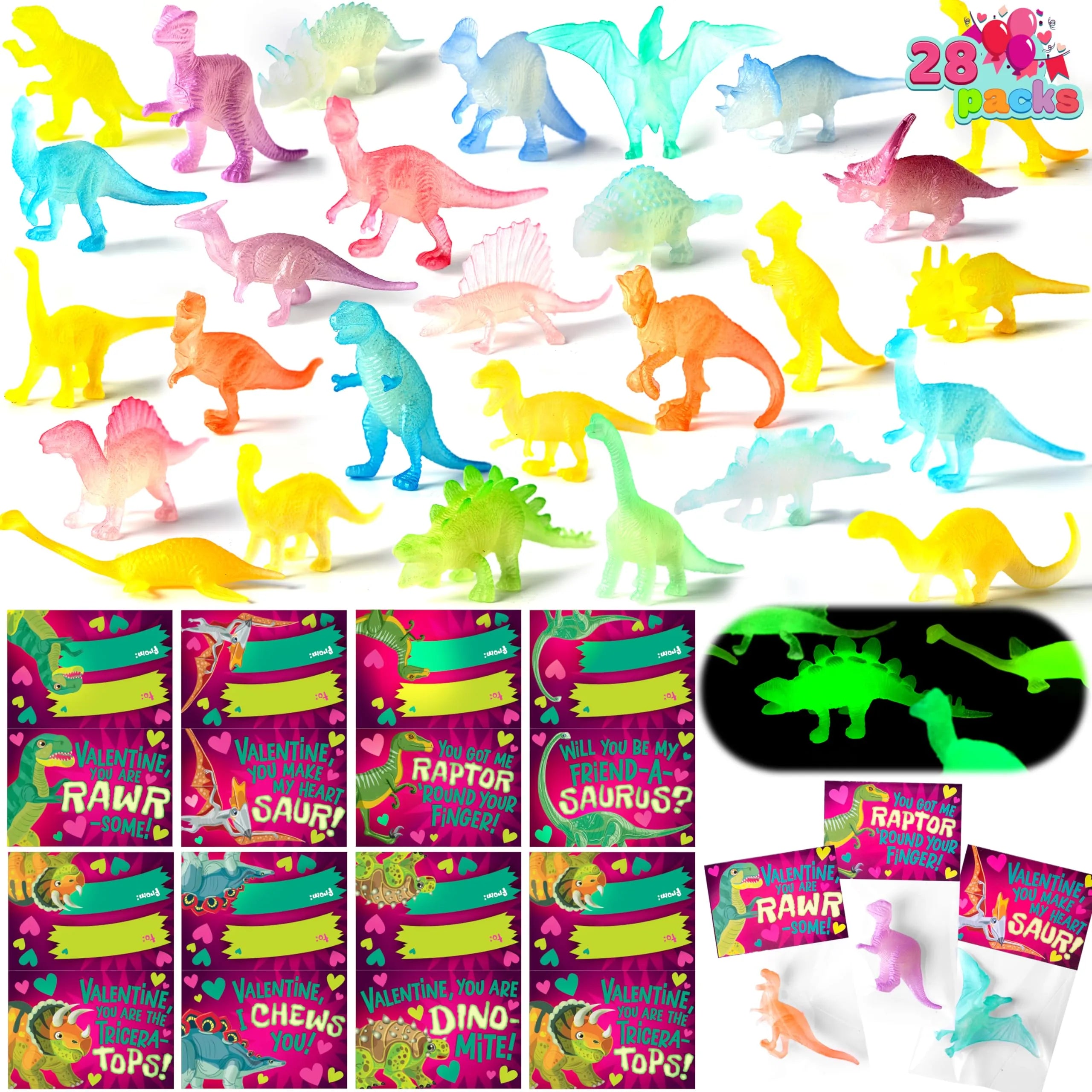 28 Packs Valentines Day Cards with Glow in Dark Dinosaur Toys for Kids