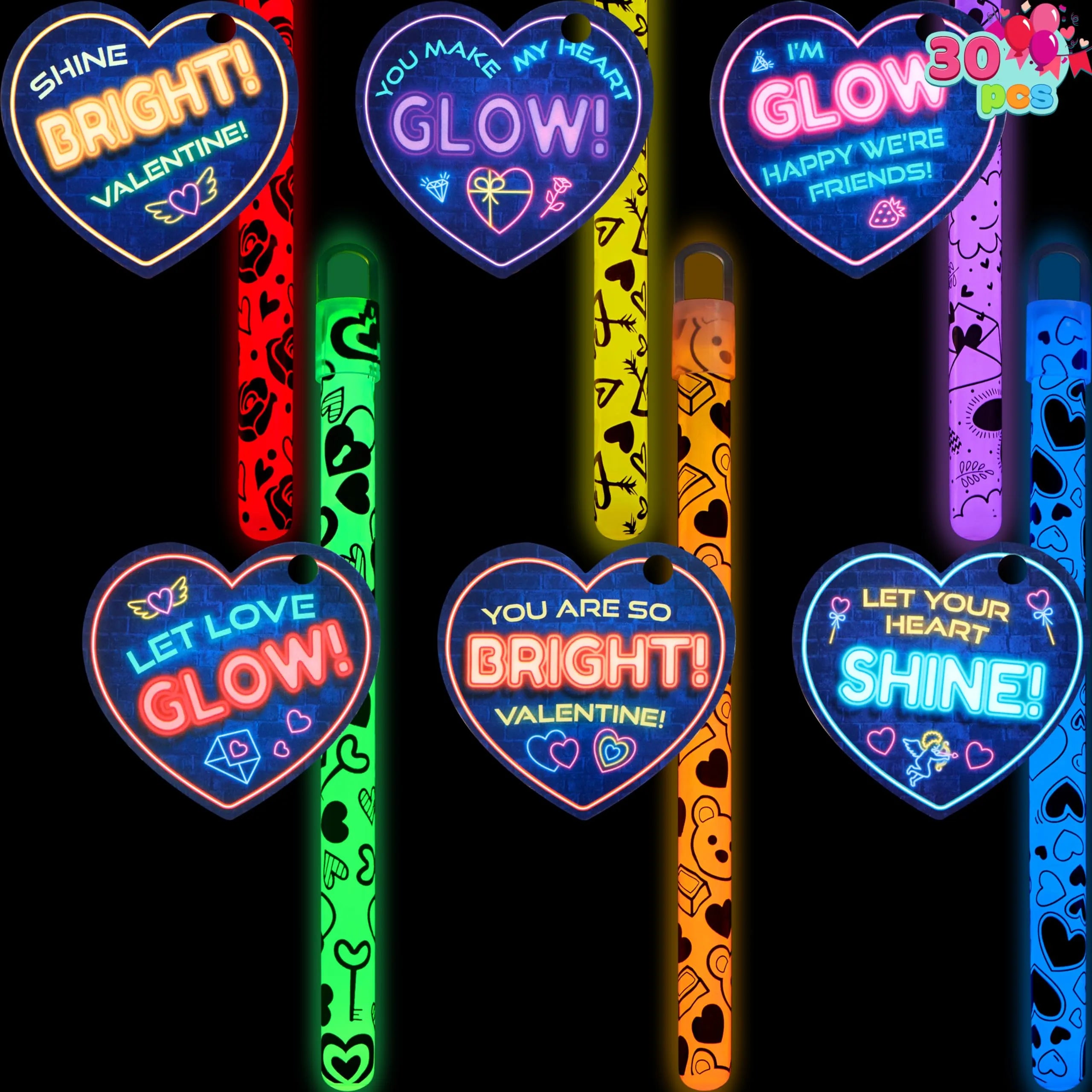 30 Packs Valentine’s Day Gifts Cards with Bright Large Glow Sticks for