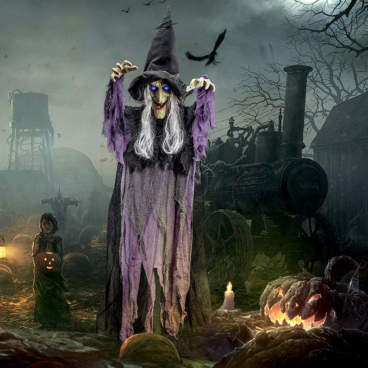 72" Hanging Talking Witch With Light Up Eyes Halloween Decorations Outdoor