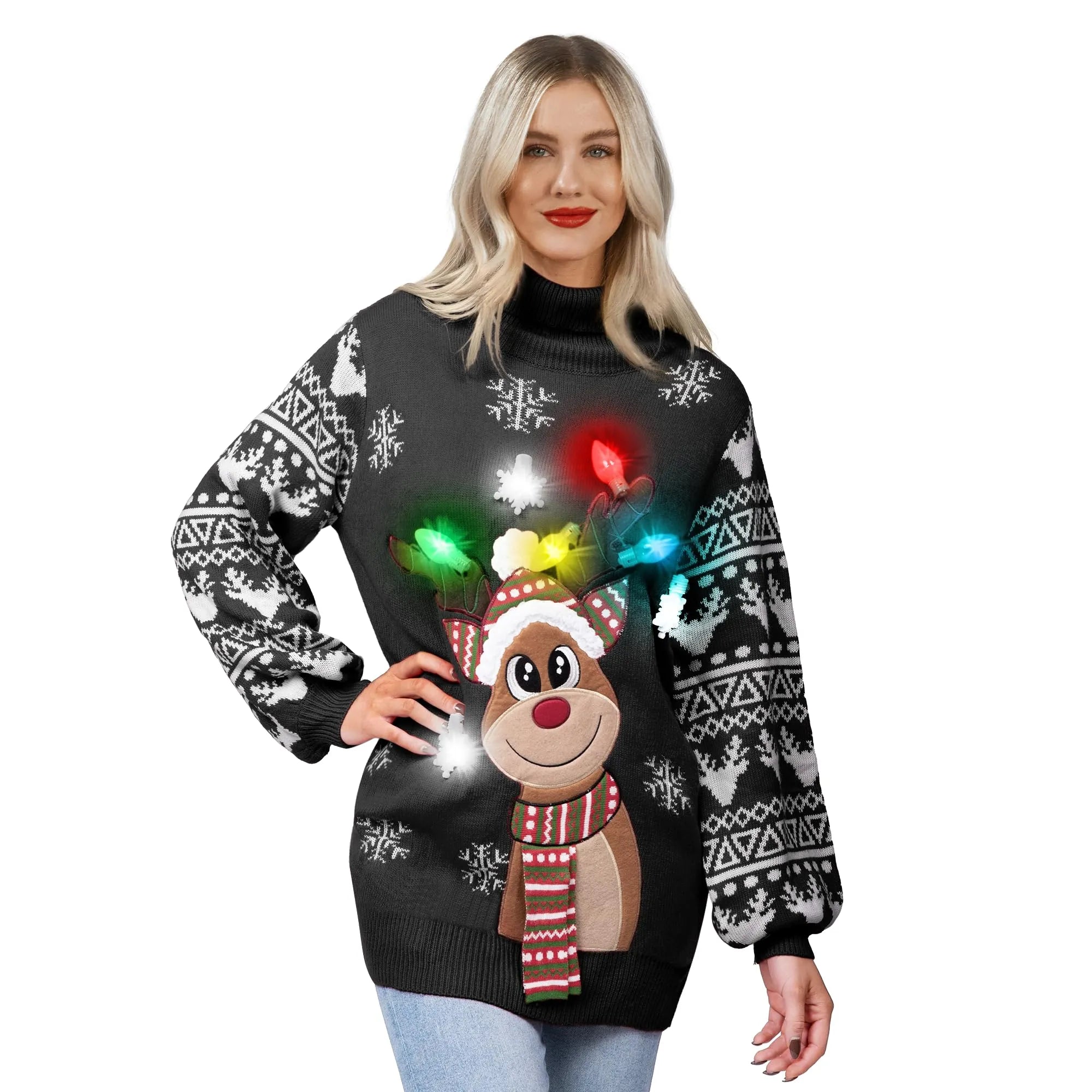 Women’s Christmas Reindeer Ugly Long Sweater LED Light Up Sweater