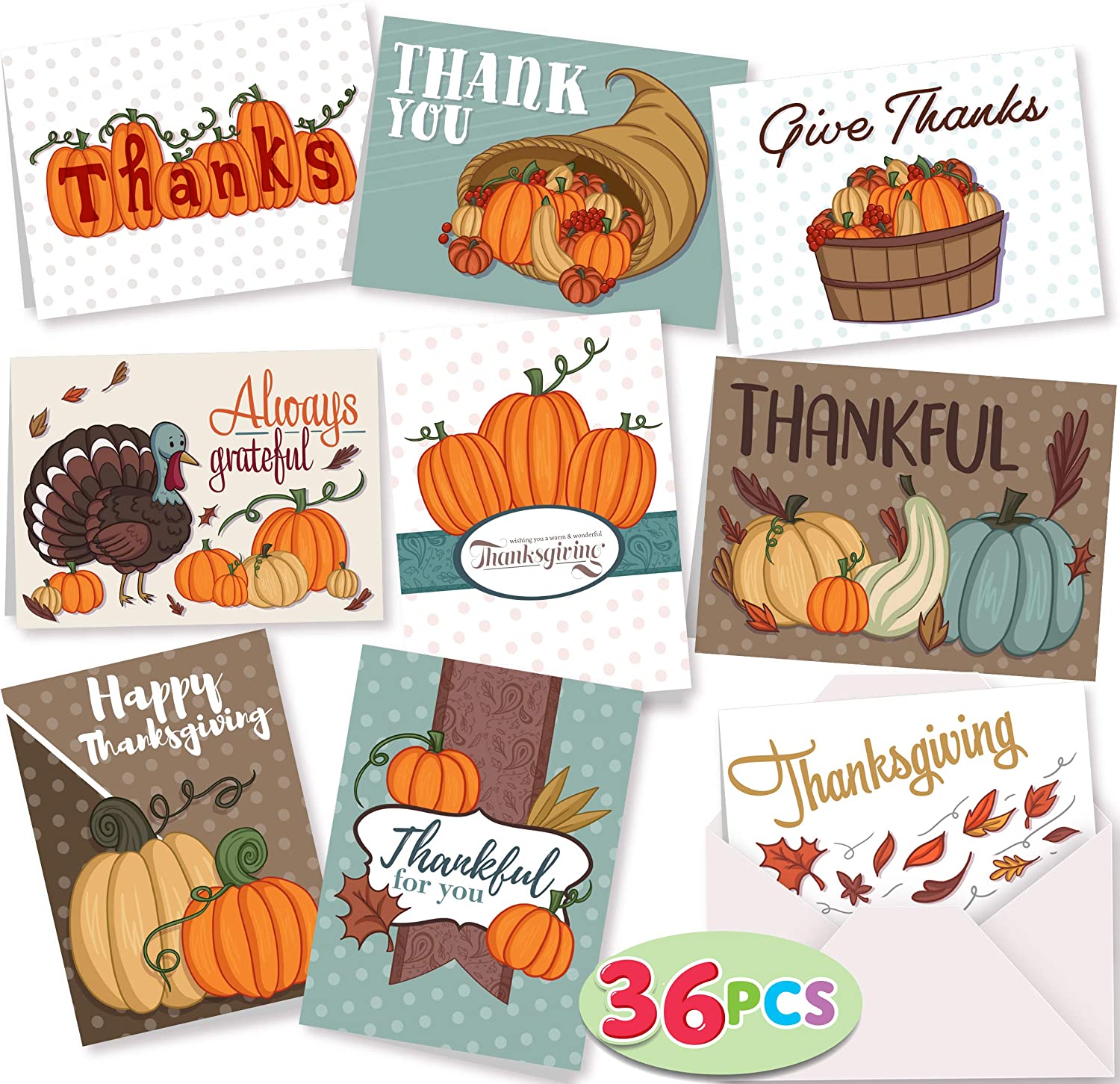 Pumpkin Thanksgiving Greeting Gift Cards, 36 Pcs