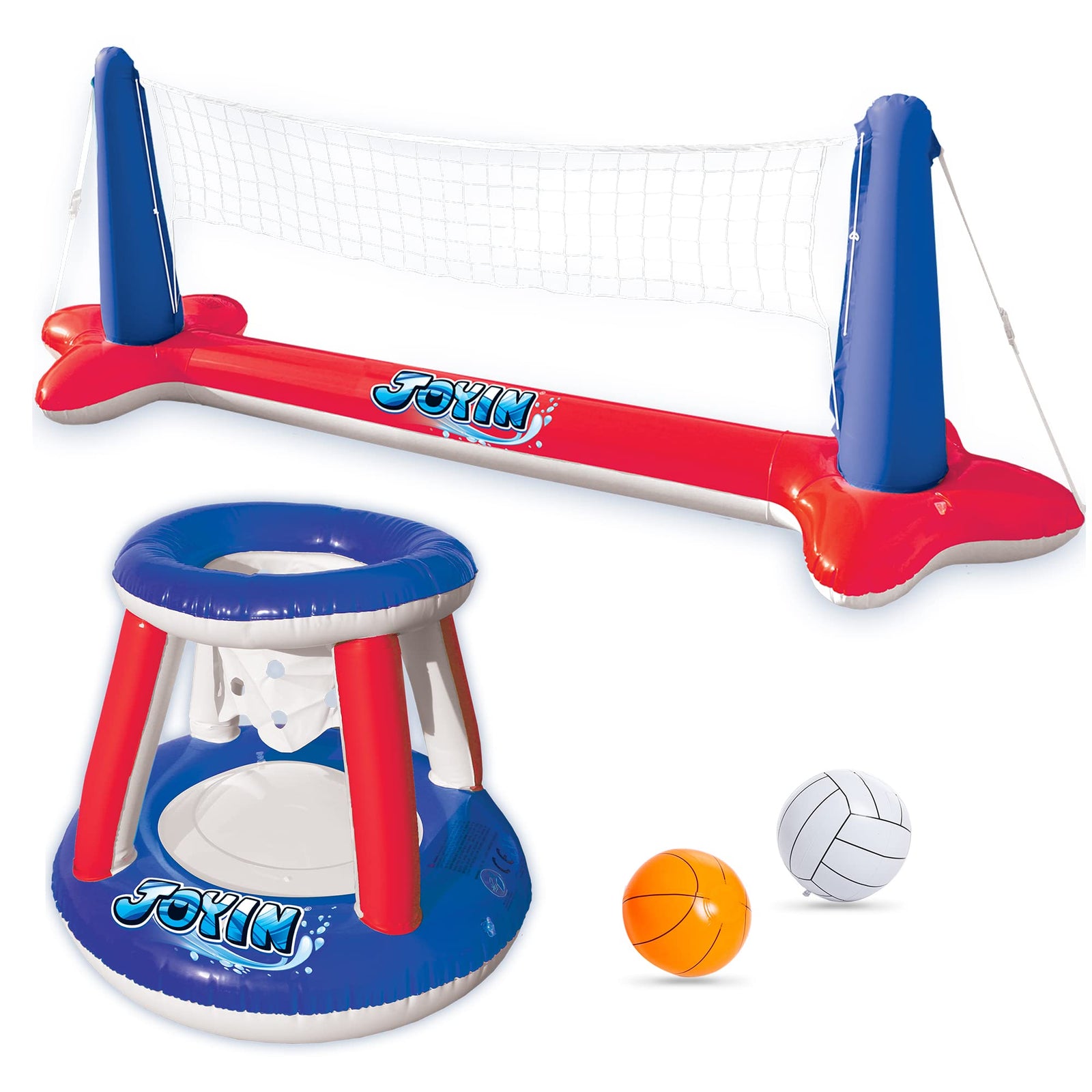 SLOOSH - Inflatable Volleyball Net & Basketball Hoops Red & Blue Pool