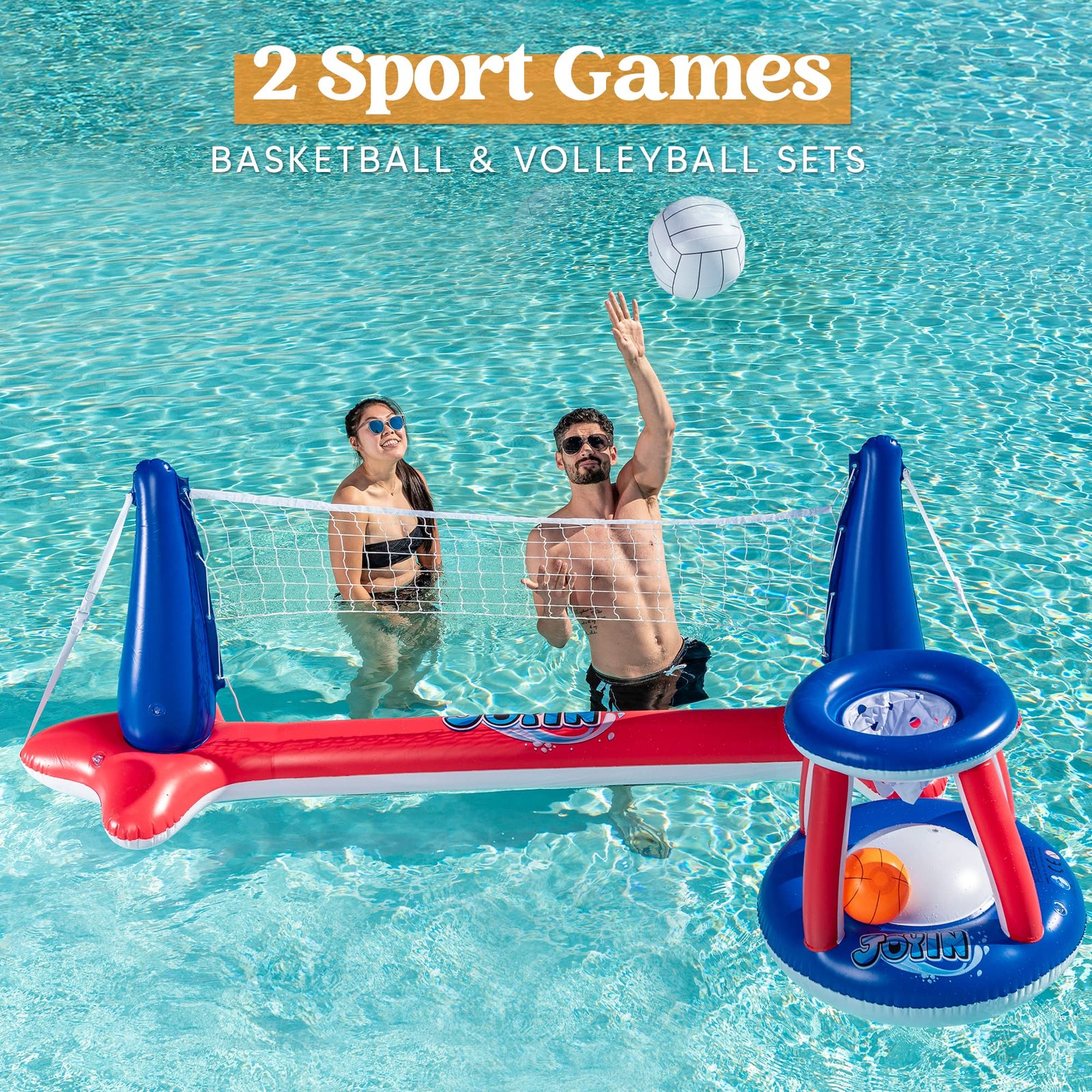 SLOOSH - Inflatable Volleyball Net & Basketball Hoops Red & Blue Pool